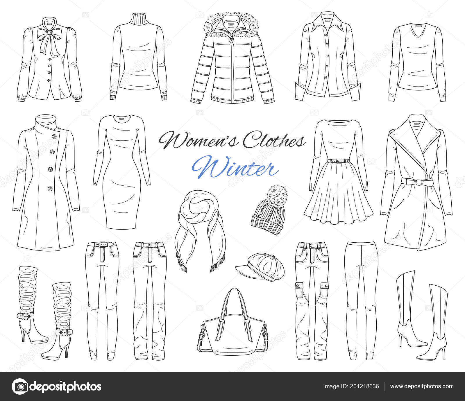Női ruhák-gyűjtemény. Téli ruhában. Vektoros rajz illusztráció. — Stock ...