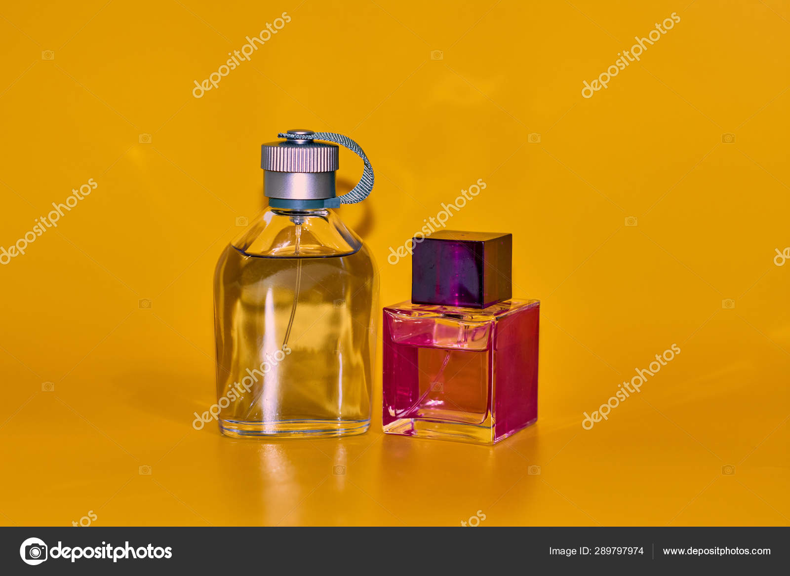 Perfume Bottles Yellow Background Minimal Style Stock Photo by ...