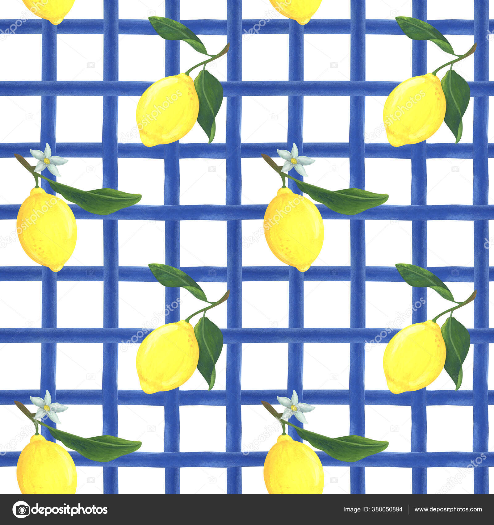 Seamless Pattern Yellow Lemons Blue Cell Background Author's Gouache ...