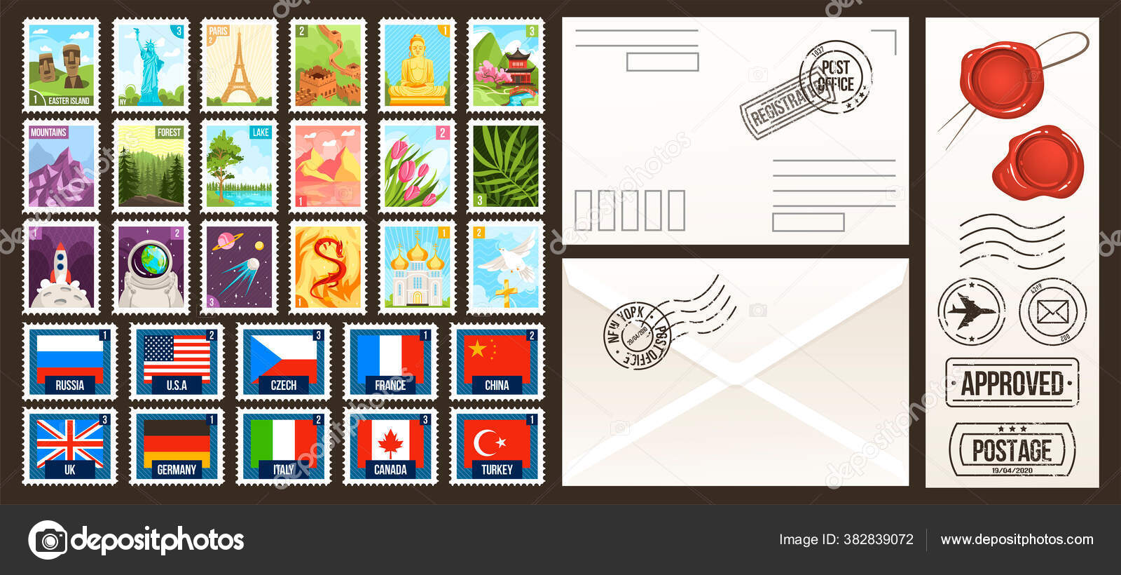 Post stamps vector illustrations, cartoon flat postal collection of ...
