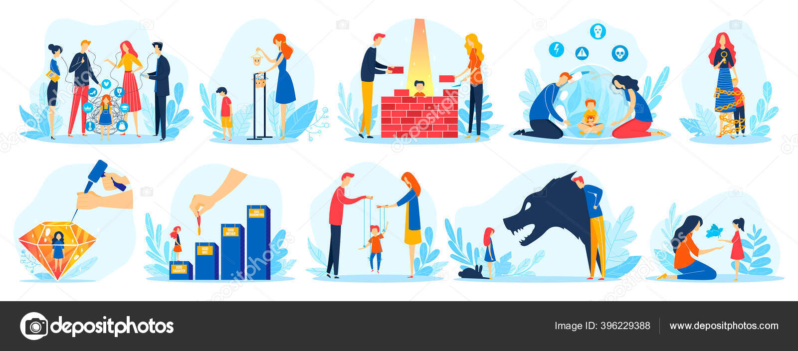 Padres e hijos crianza problemas vector ilustración conjunto, dibujos ...