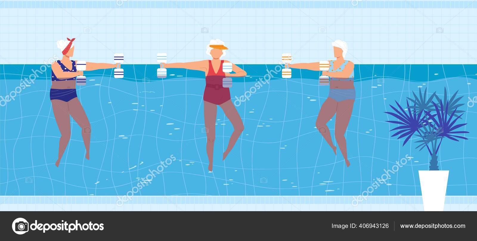 Sport swim activity in pool vector illustration, cartoon flat elderly ...