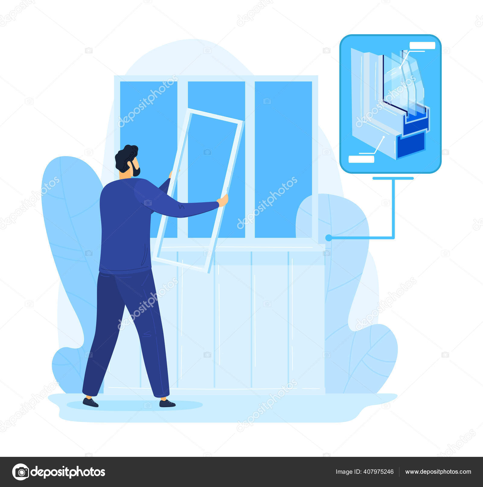 Home repair, man fix window construction vector illustration. Handyman ...