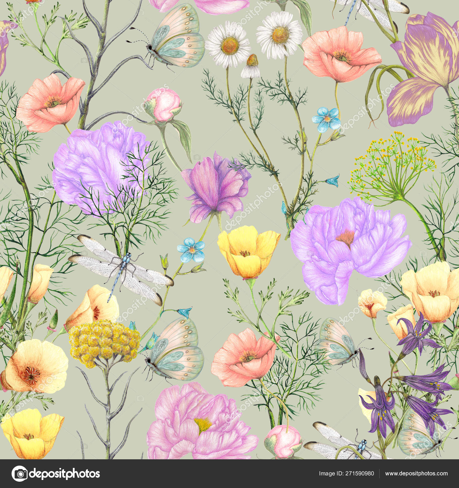 Hand Drawn Botanical Seamless Pattern Garden Wildflowers Plants Stock ... Hand Drawn Botanical Seamless Pattern Garden Wildflowers Plants Stock ...