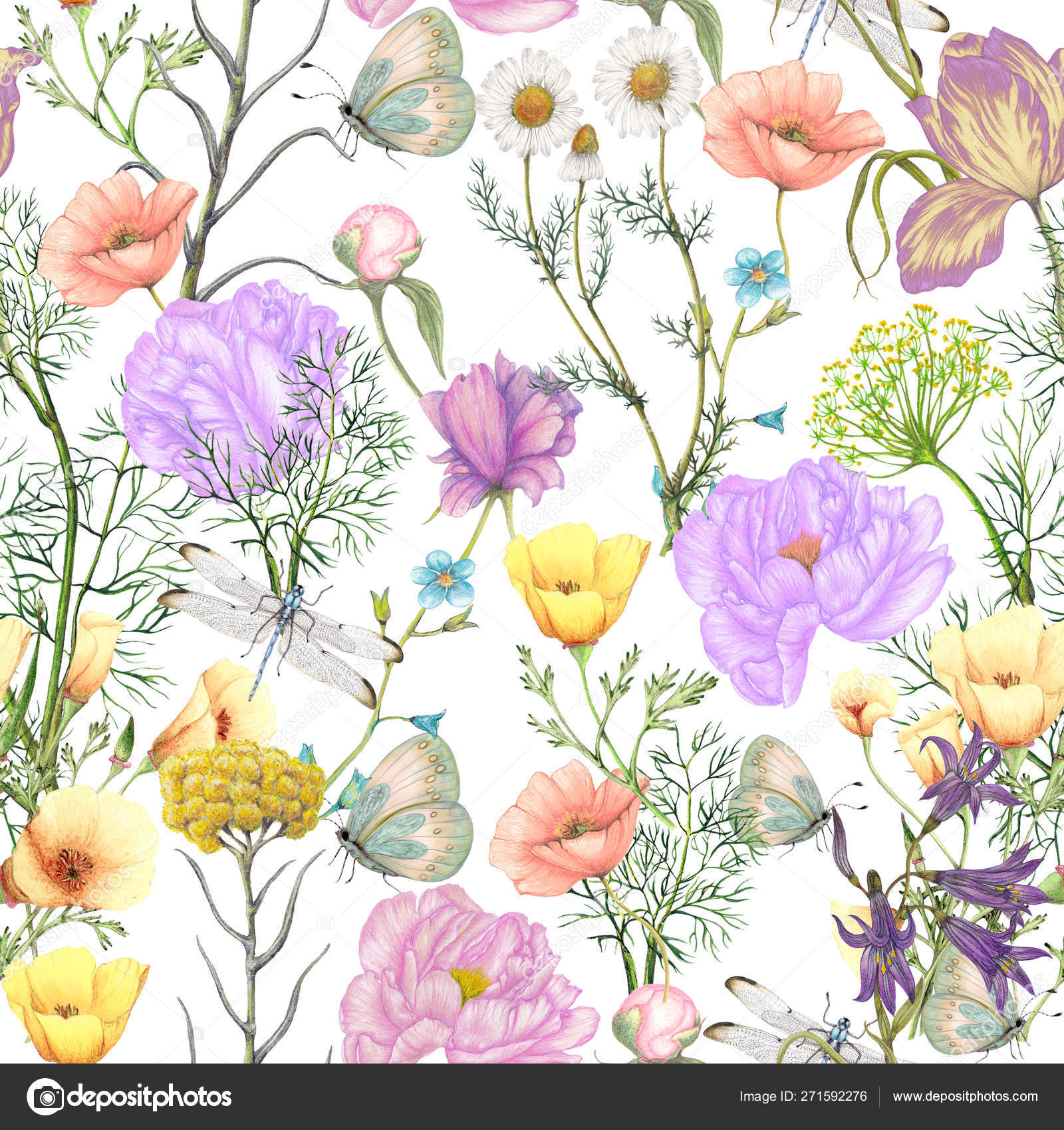 Hand Drawn Botanical Seamless Pattern Garden Wildflowers Plants Stock ... Hand Drawn Botanical Seamless Pattern Garden Wildflowers Plants Stock ...