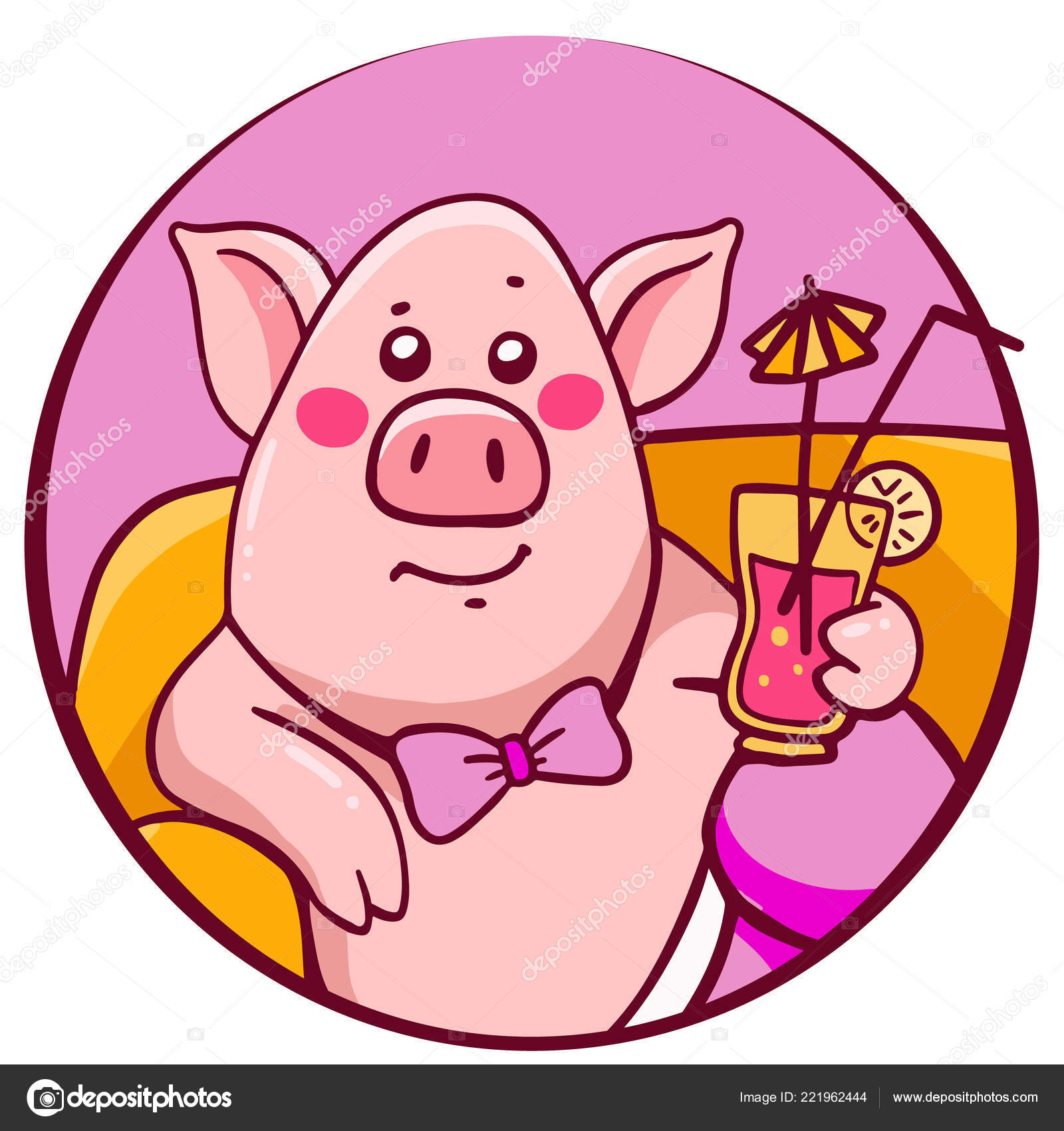 Vector Illustration Pink Color Complacent Character Pig Cocktail Frame ...
