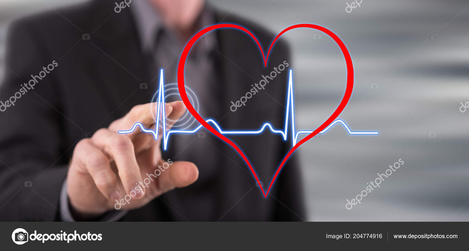 Man Touching Heart Beats Graph Touch Screen His Finger — Stock Photo ...