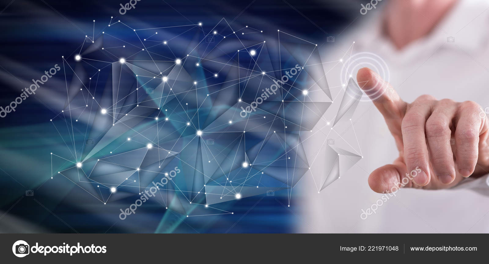 Man Touching Virtual Network Touch Screen His Finger Stock Photo by ...