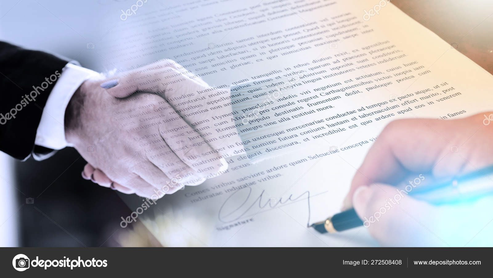 Hand signing a contract. Double exposure with hanshake — Stock Photo ...