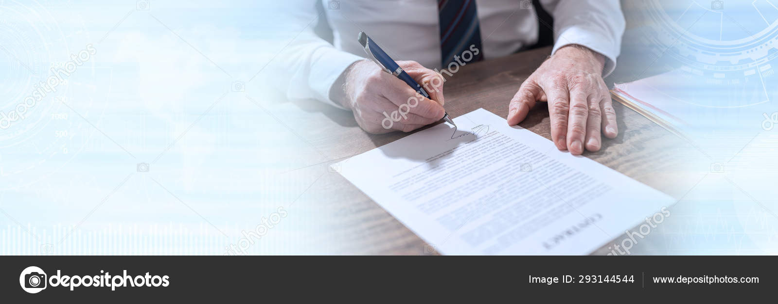 Businessman signing a document; panoramic banner — Stock Photo ...