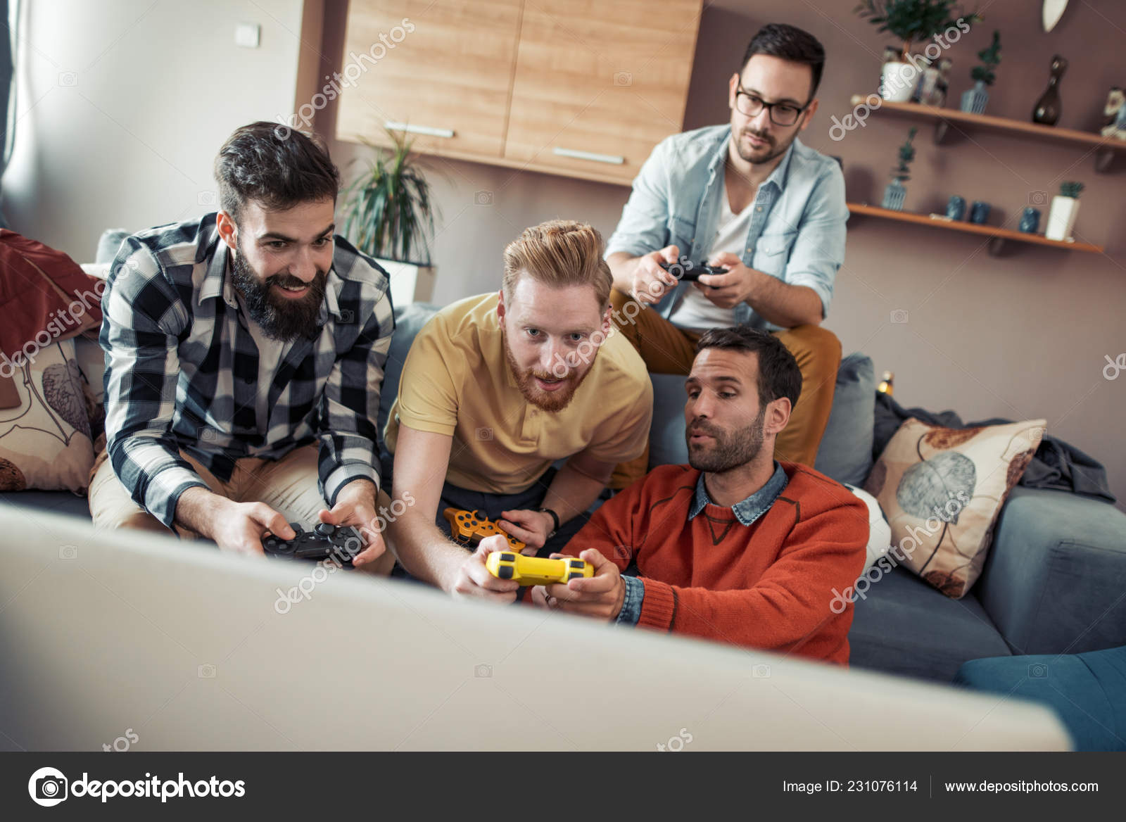 Friends Video Games Group Young Men Playing Video Games While — Stock ...