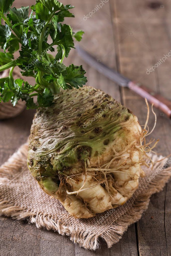 Raíz de apio texturizada con tallos en tela de arpillera sobre fondo ...