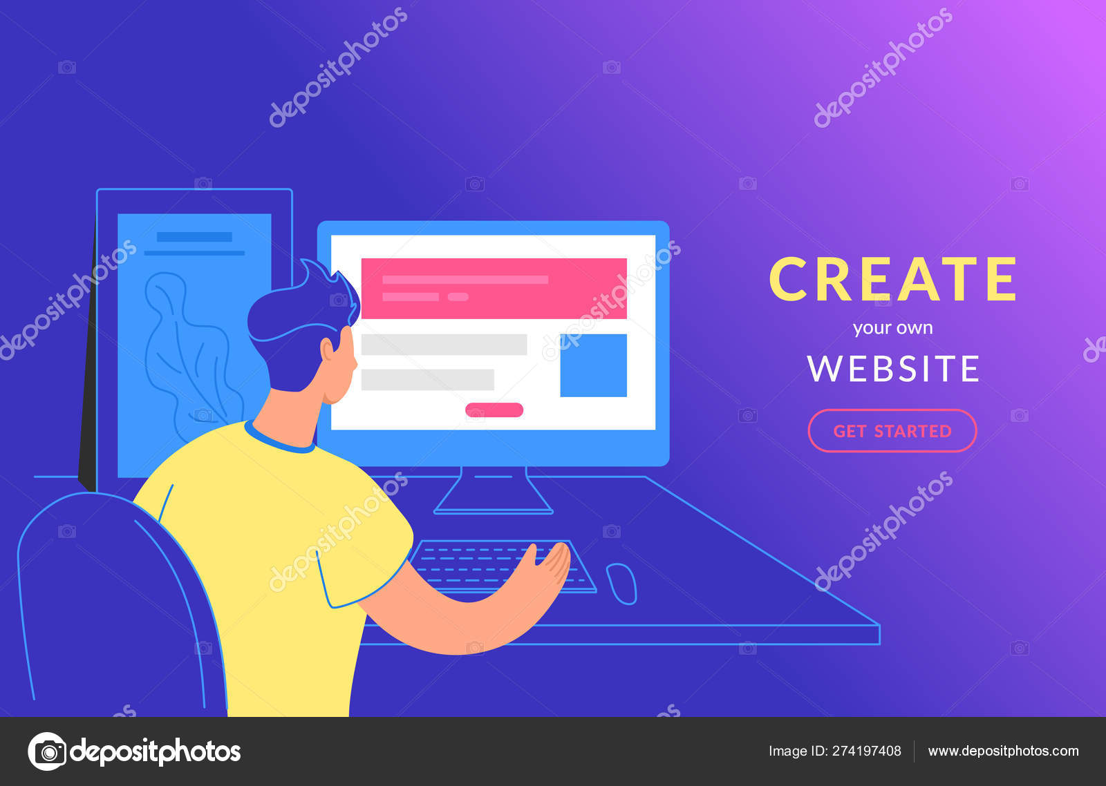 Create your own website flat vector illustration of young man si ...