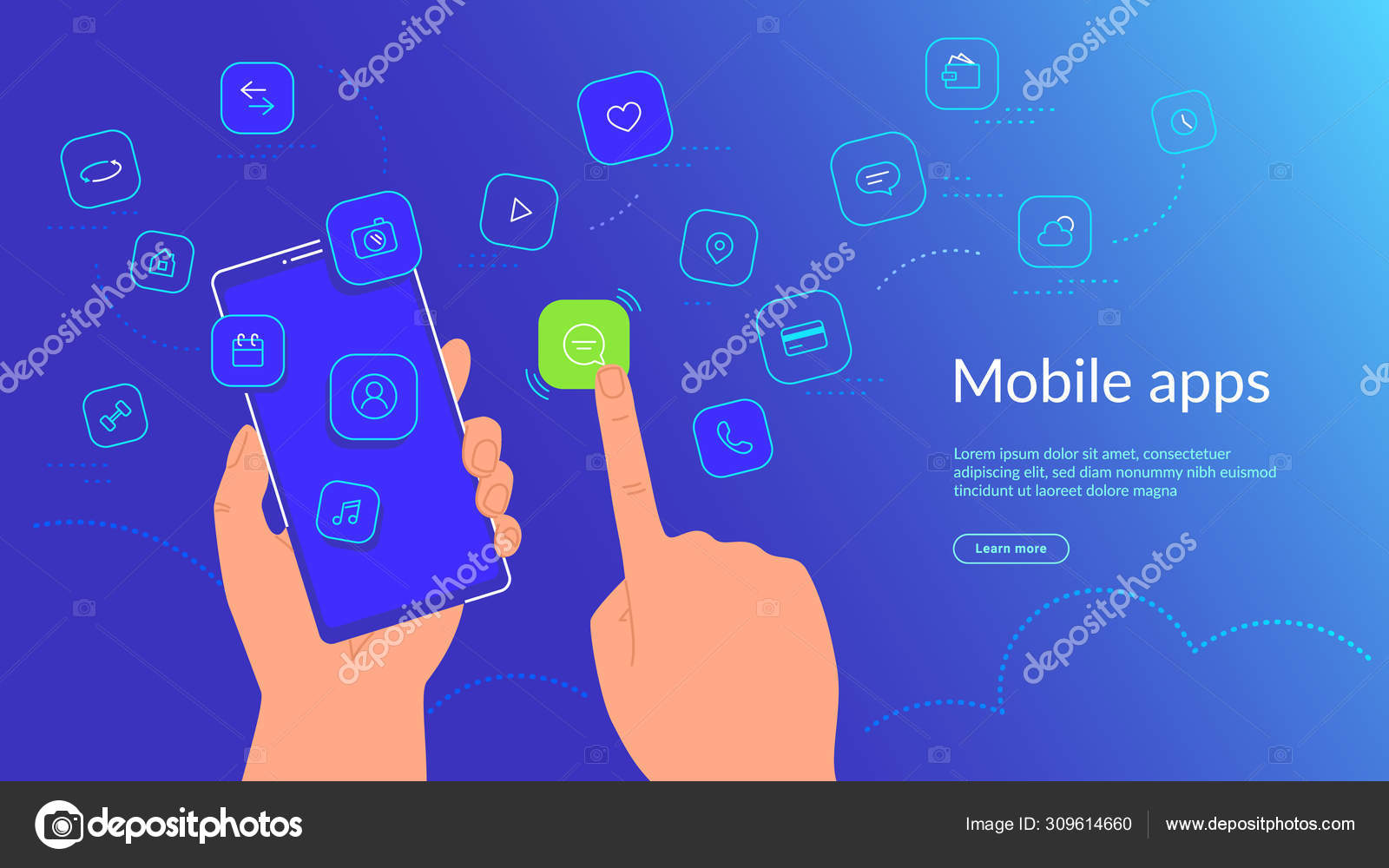 Human hand holding smartphone and choosing a mobile app icon for ...