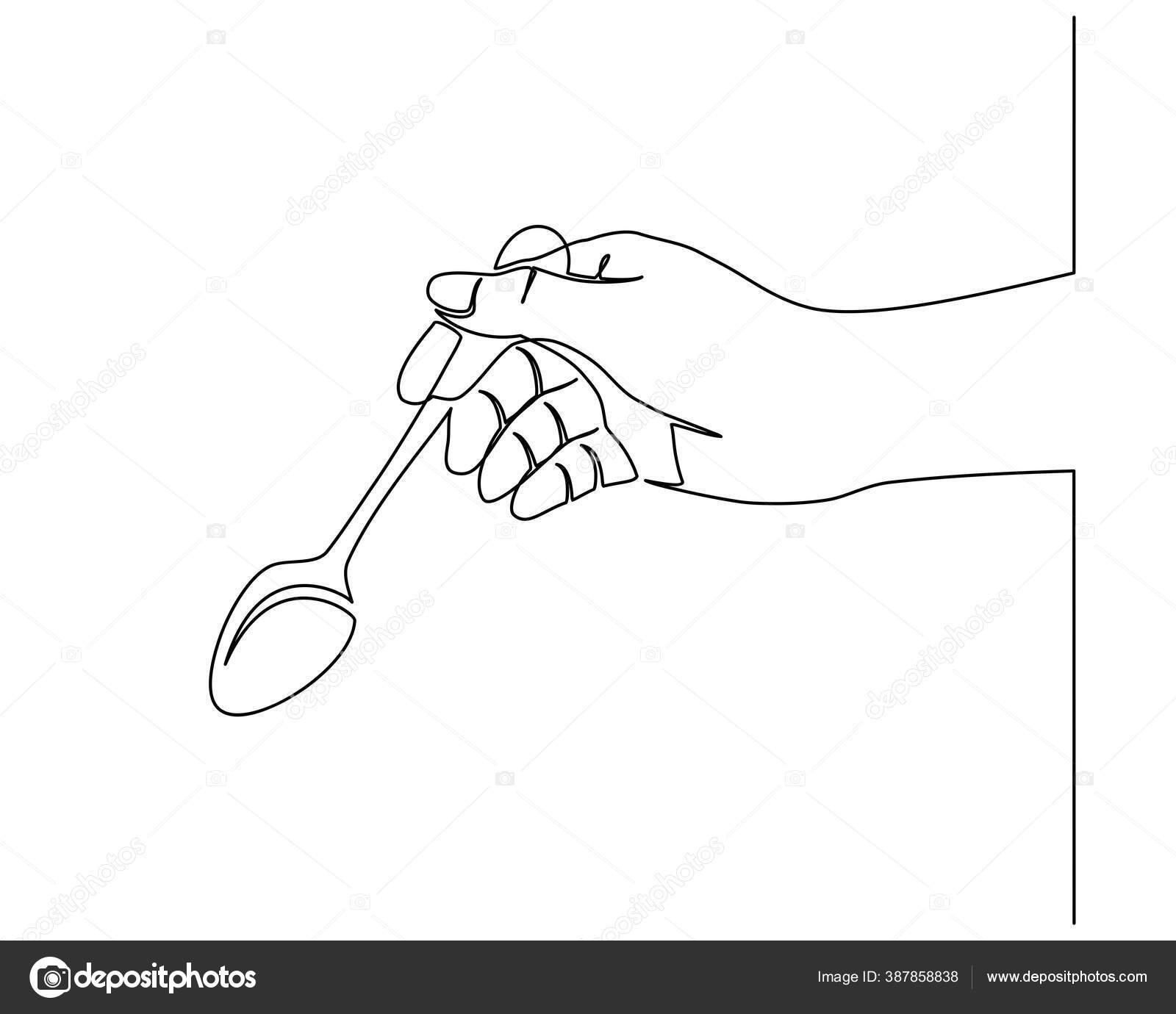 Continuous line drawing of hands holding a spoon. side view of the hand ...