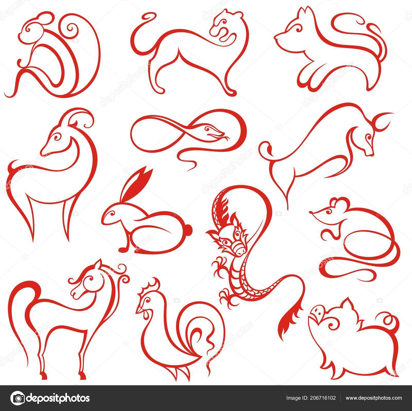 Chinese Zodiac Icons Red White Stock Vector Image by ©Ksyshakiss #206716102