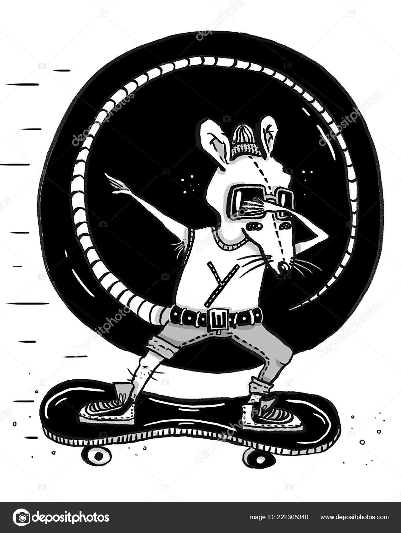 Rat athlete rides a skateboard with the wind in sneakers, jeans and a ...