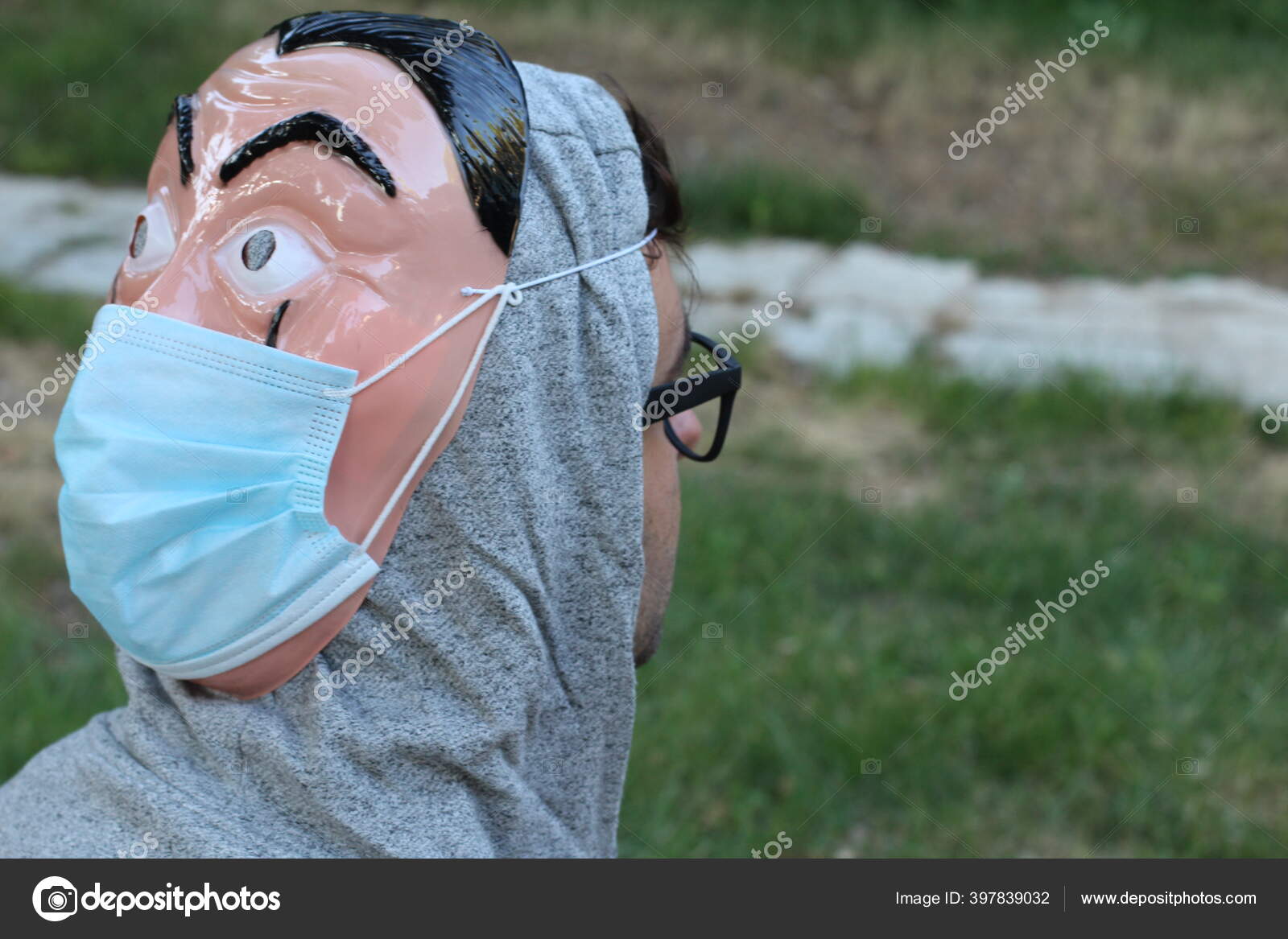 Close Portrait Handsome Young Man Face Plastic Mask Back Head — Stock ...