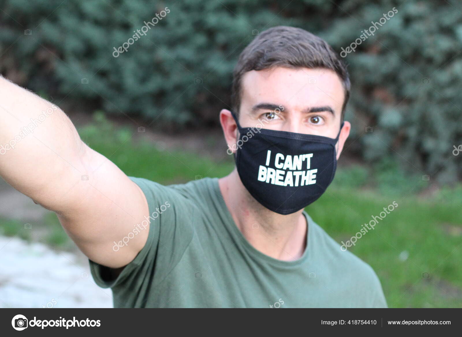 Close Portrait Handsome Young Man Breath Mask Cant Breath Inscription ...
