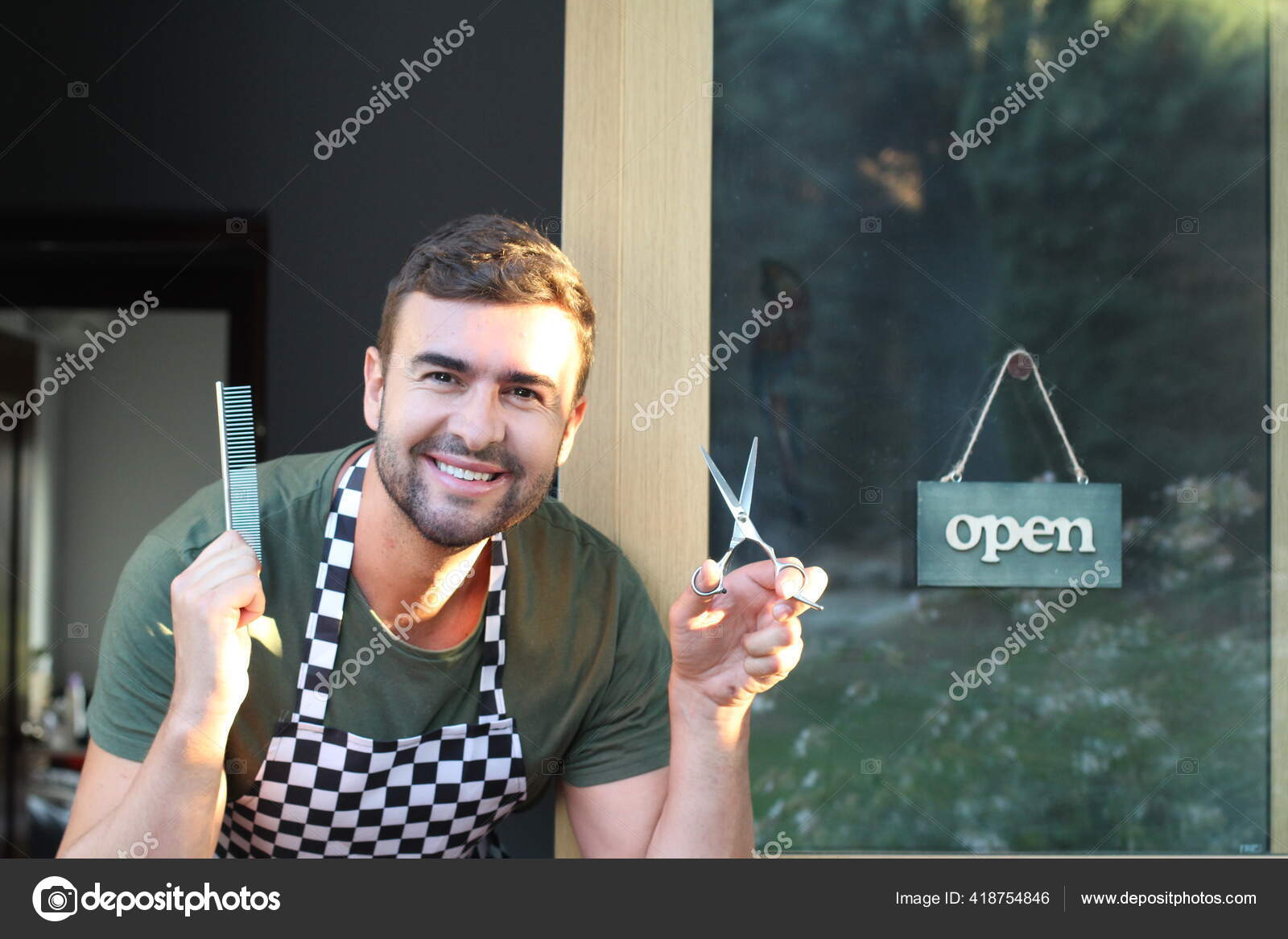 Close Portrait Handsome Young Barber Front Glass Door Open Sign Stock ...