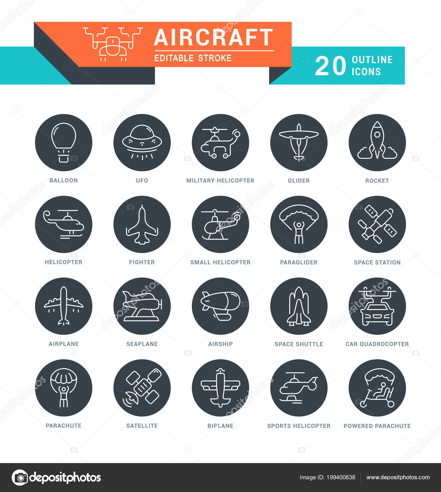Set Outline White Icons Black Rounds Aircraft Names Collection Vector ...