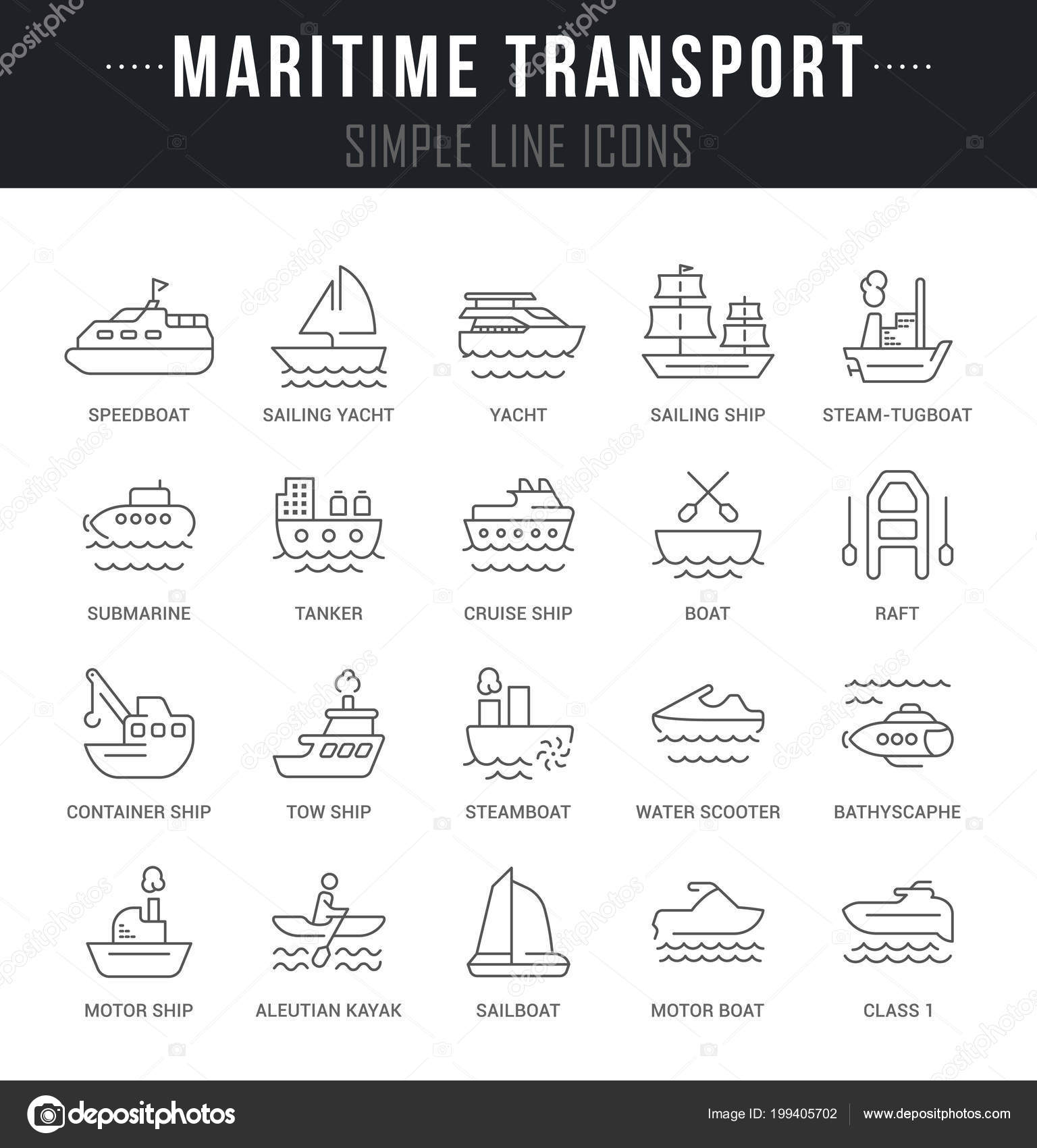 Set Outline Signs Symbols Maritime Transport Names Collection Vector ...