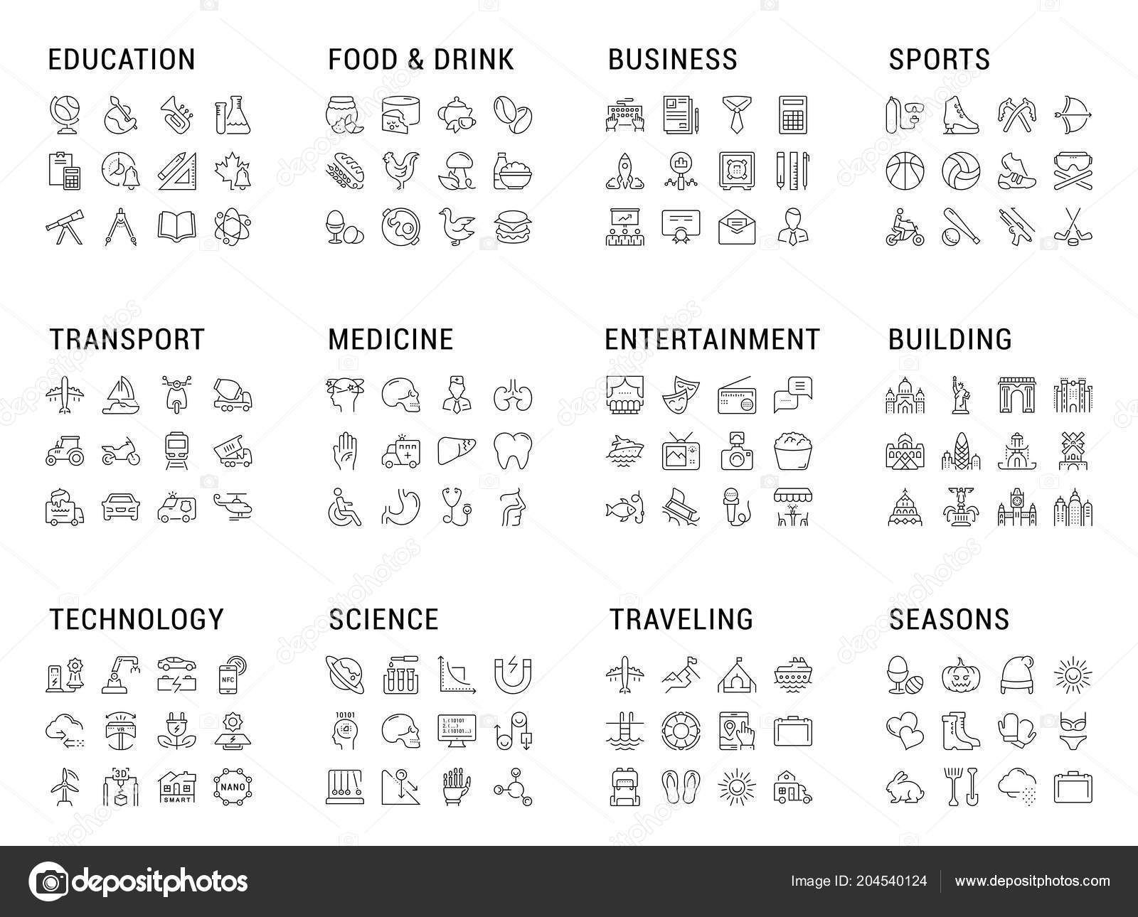 Big Collection Linear Icons Transport Food Drink Business Sport ...