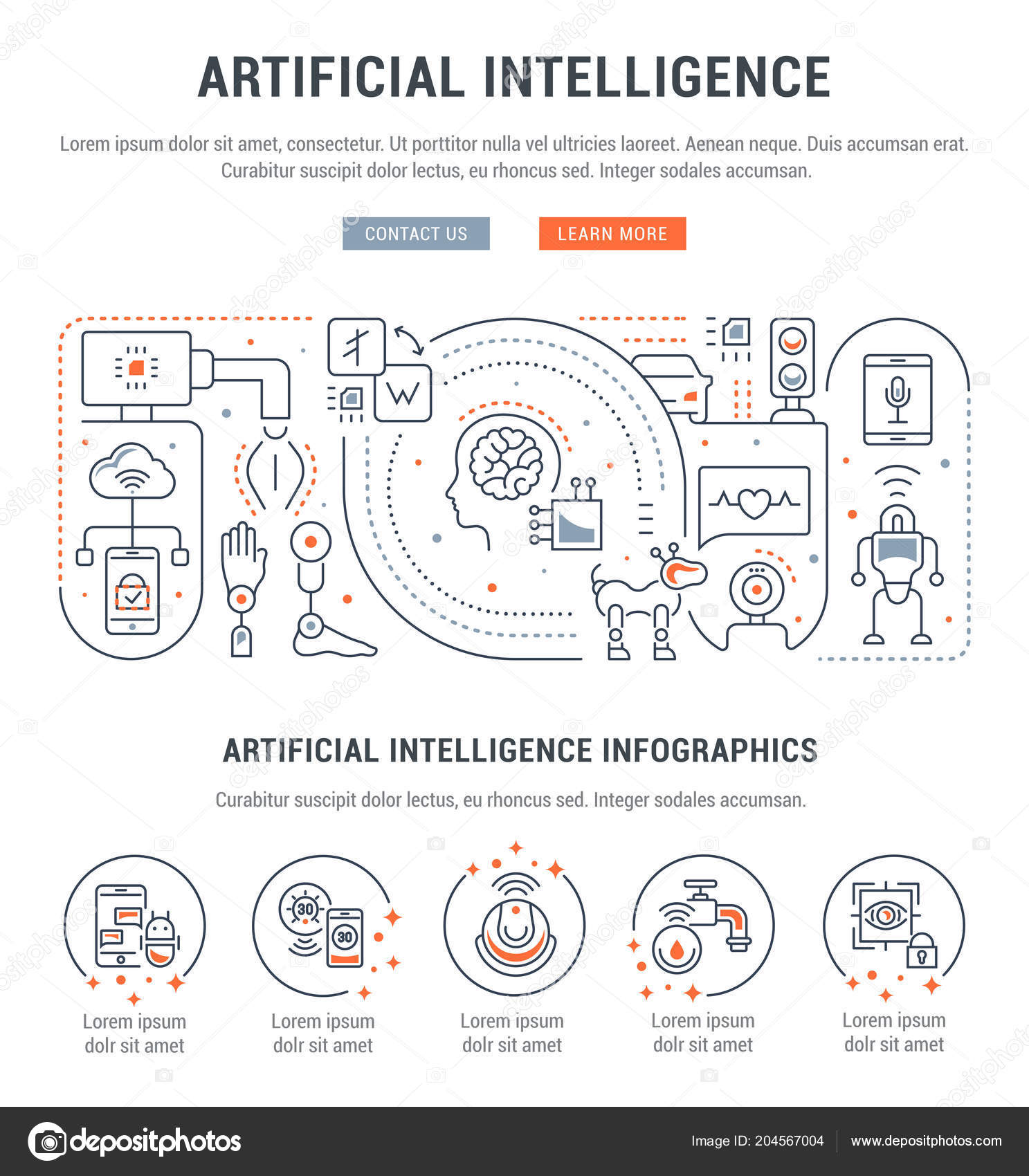 Line Banner Artificial Intelligence Vector Illustration Robots Technics Scientific Development ...