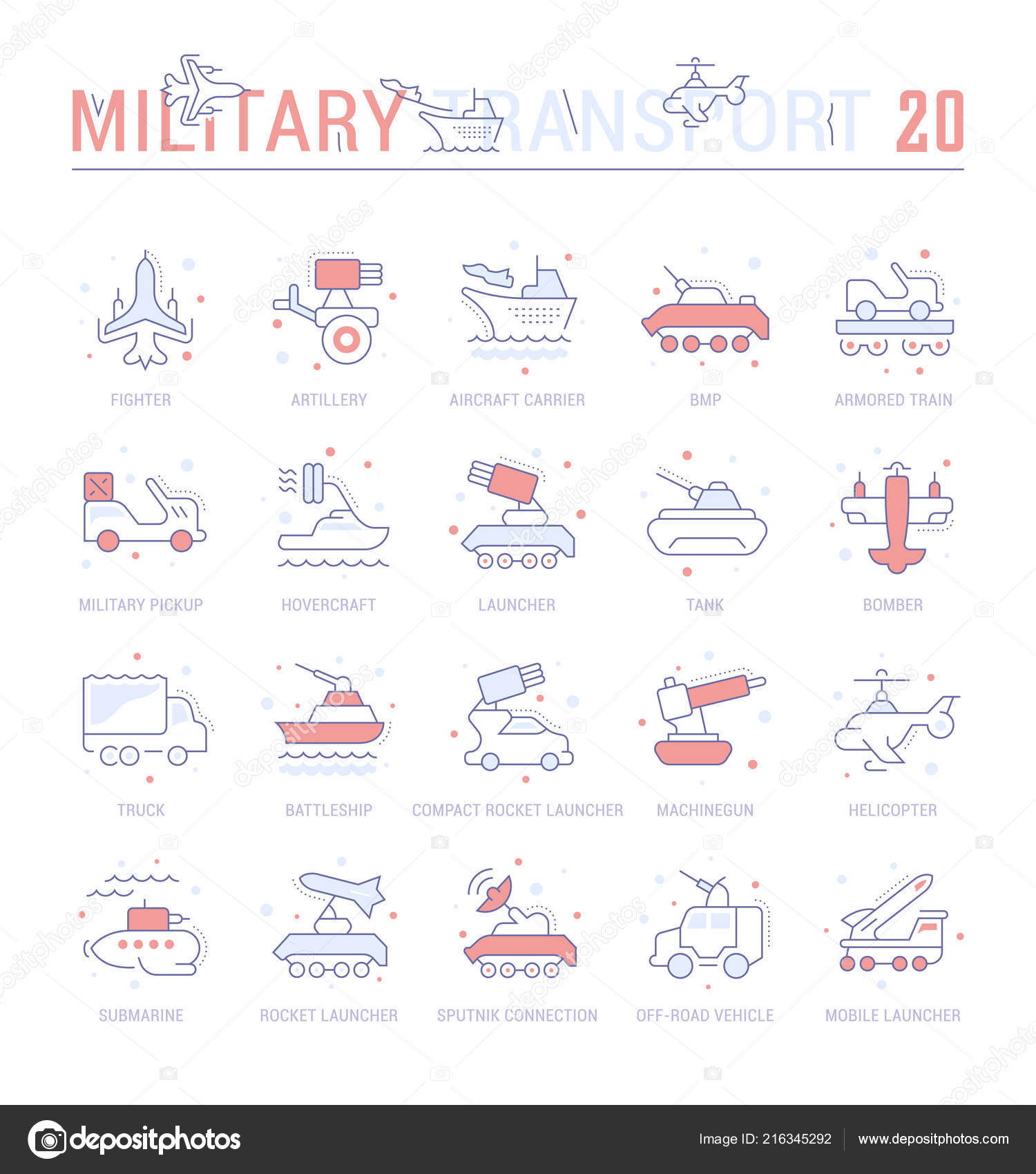 Collection Vector Flat Icons Thin Line Elements Military Transport Set ...