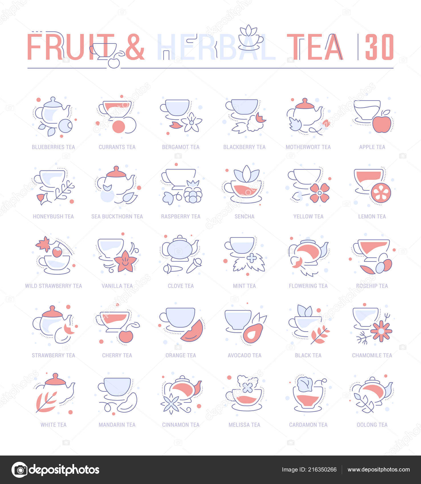 Collection Vector Flat Icons Thin Line Elements Fruit Herbal Tea Stock ...