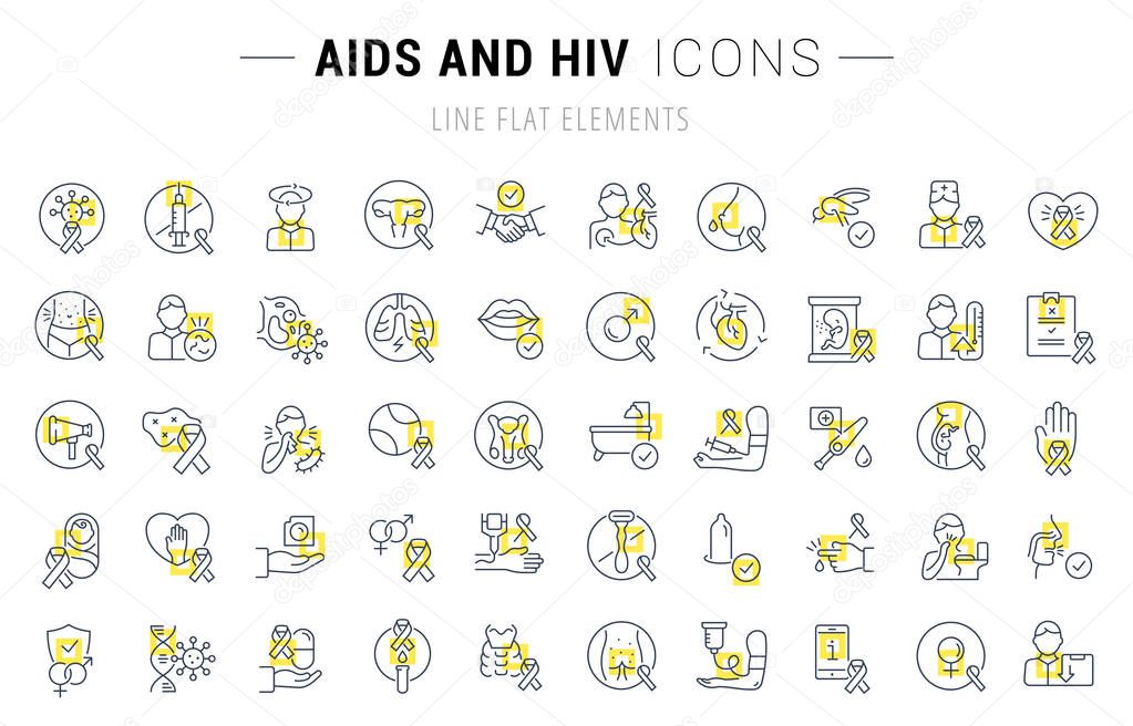 Conjunto de iconos de línea vectorial y signos con cuadrados amarillos ...