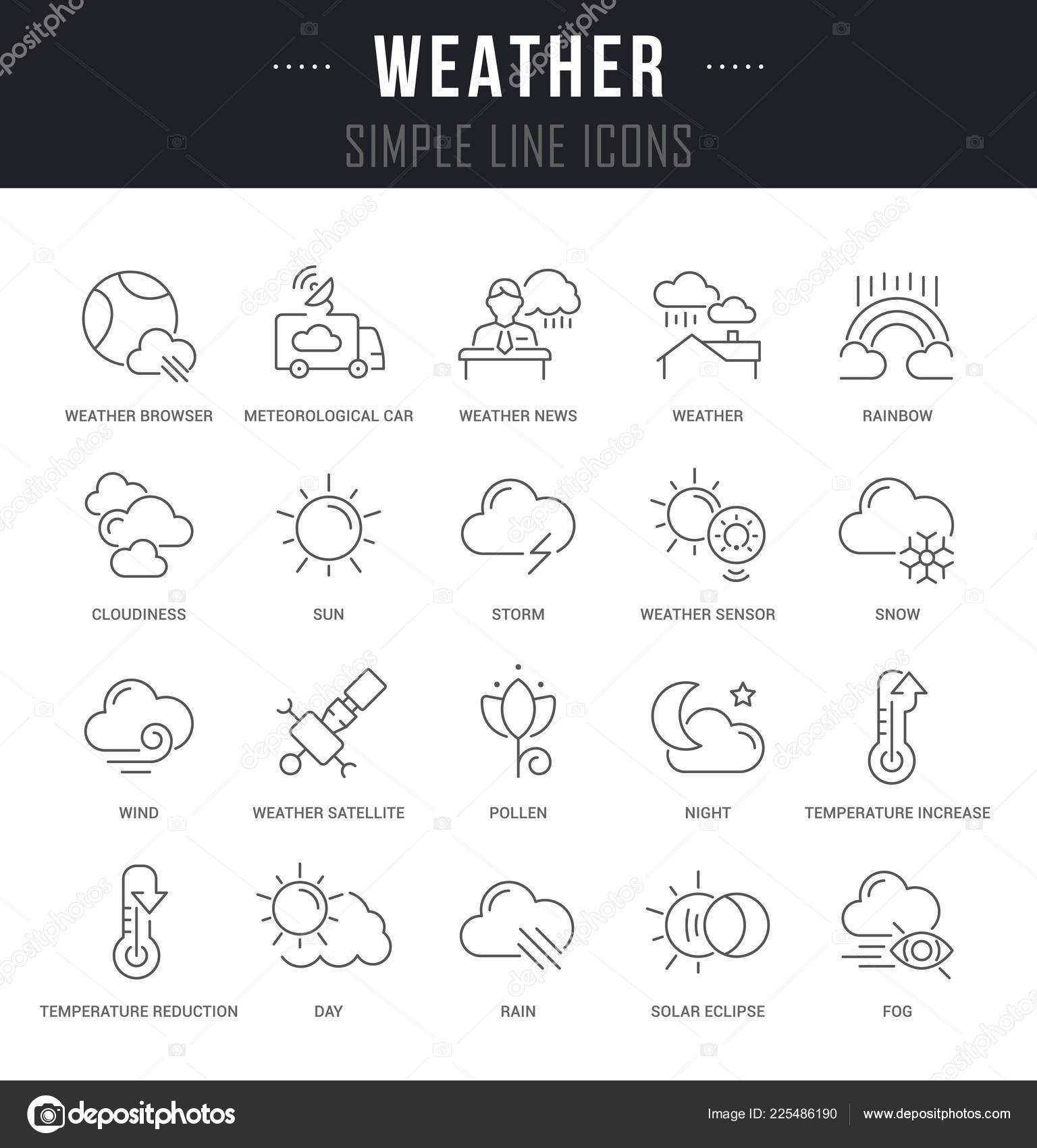 Set Linear Icons Weather Names Collection Vector Thin Line Icons Stock ...