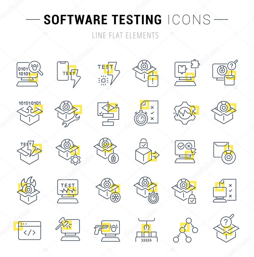 Conjunto de iconos de línea vectorial de pruebas de software 2023