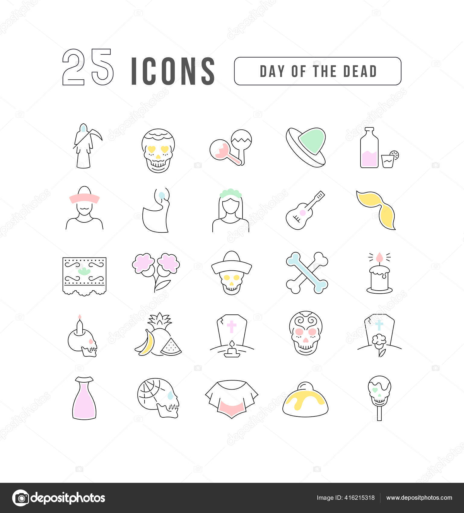Set Vector Line Thin Icons Day Dead Linear Design Mobile Stock Vector ...