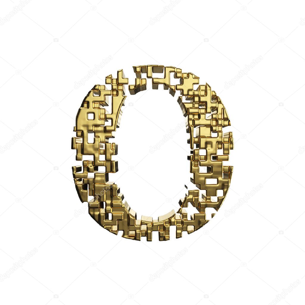 Letra del alfabeto O mayúscula. Fuente dorada hecha de formas metálicas ...
