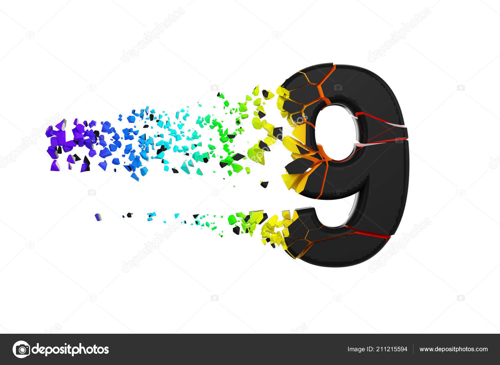 Broken shattered iridescent alphabet number 9. Crushed black and ...