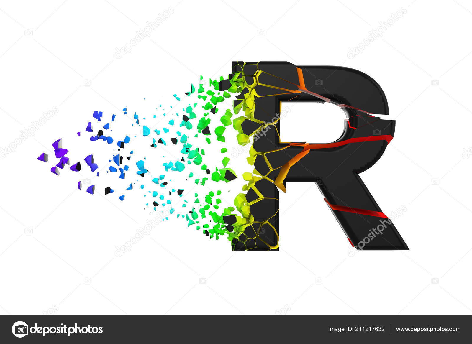 Broken shattered iridescent alphabet letter R uppercase. Crushed black ...