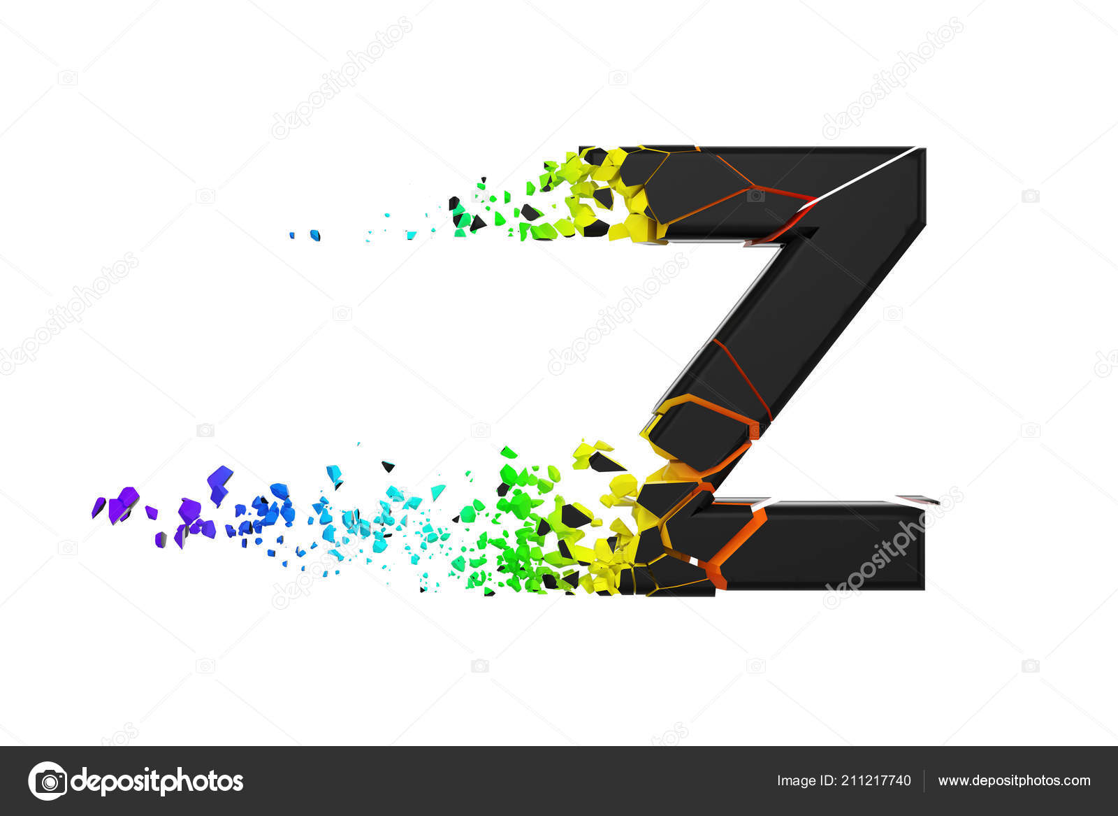 Broken shattered iridescent alphabet letter Z uppercase. Crushed black ...