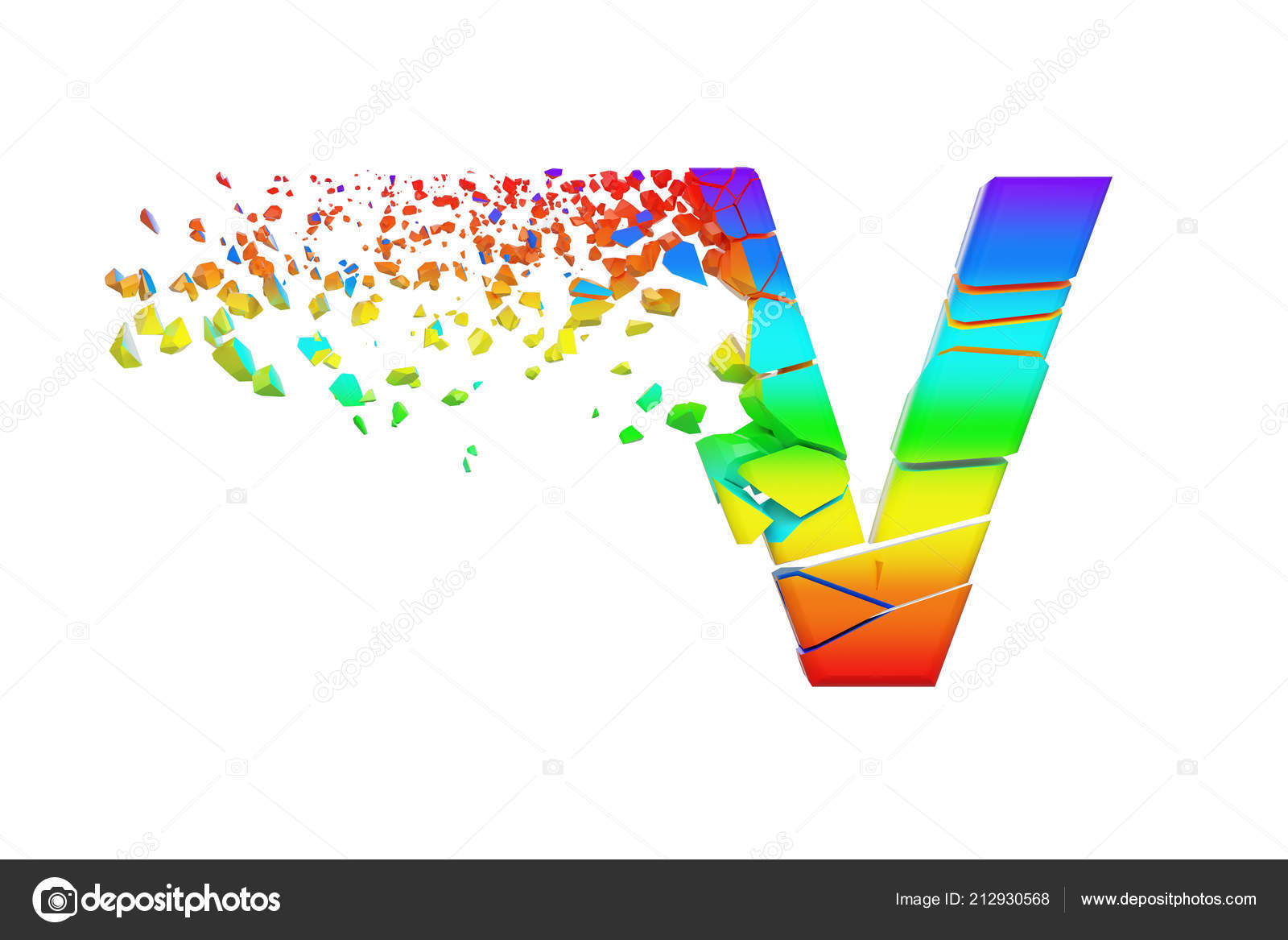 Broken shattered iridescent alphabet letter V uppercase. Crushed ...