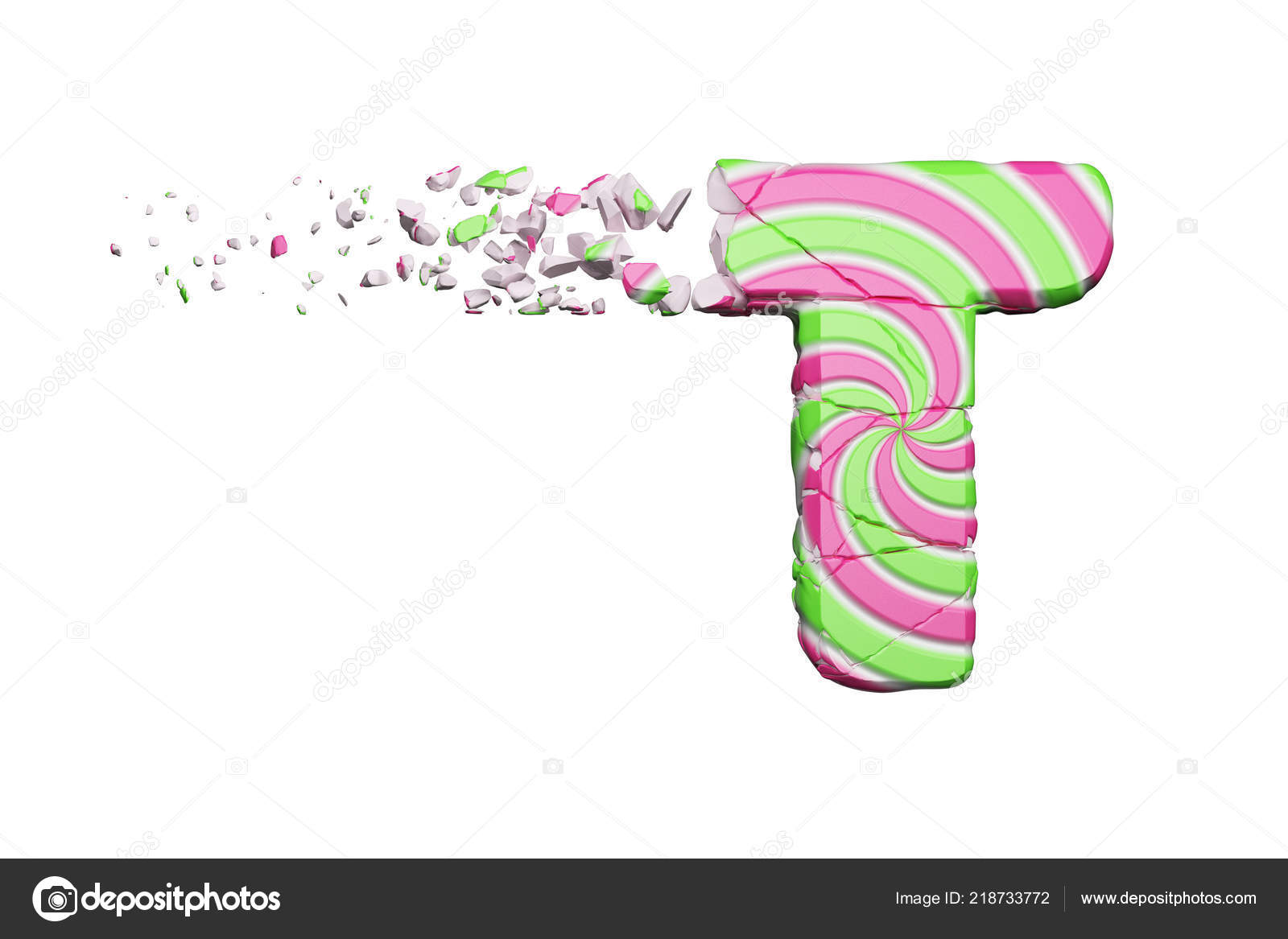 Broken shattered alphabet letter T. Crushed font made of pink and green ...