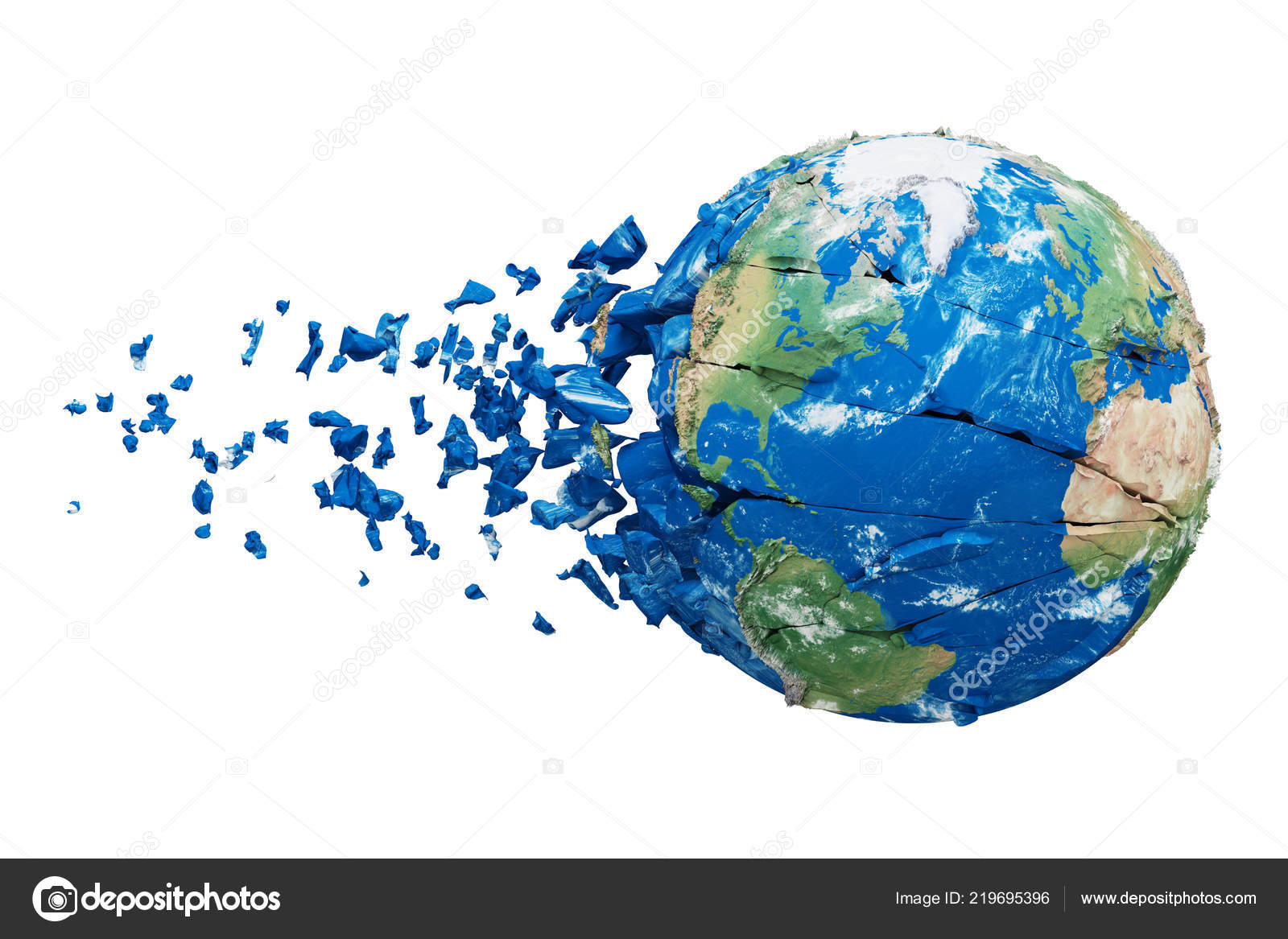 Broken shattered planet earth globe isolated on white background. Blue ...