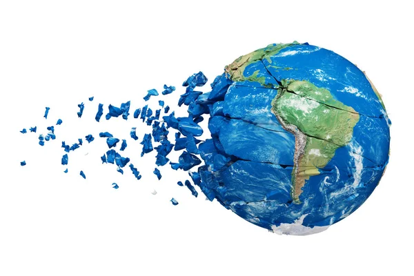 Broken shattered planet earth globe isolated on white background. Blue ...