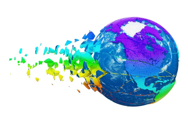 Broken shattered planet earth globe isolated on white background. Blue ...