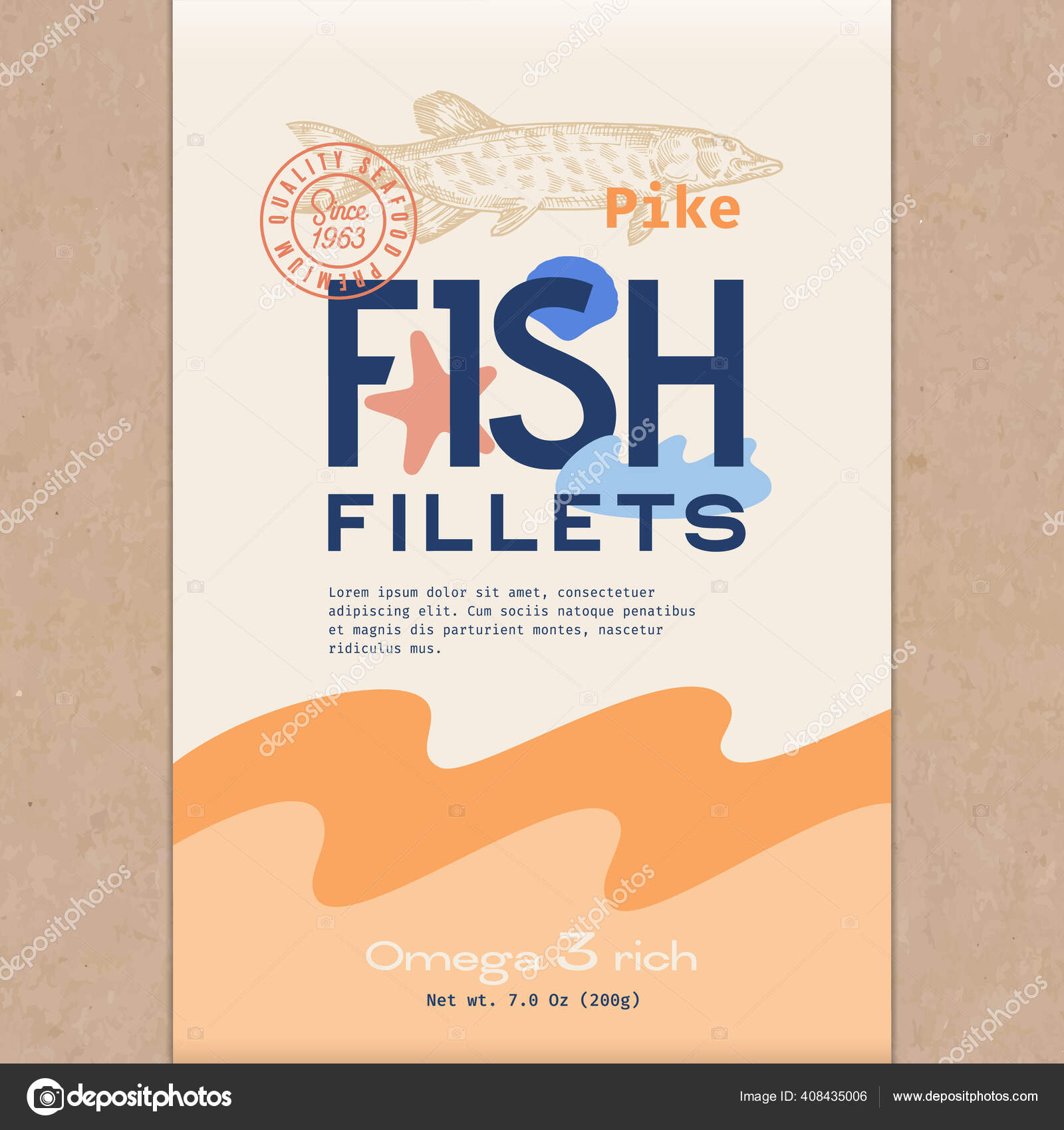 Ikan Fillets. Desain Paket Ikan Vektor Abstrak atau Label. Typography ...