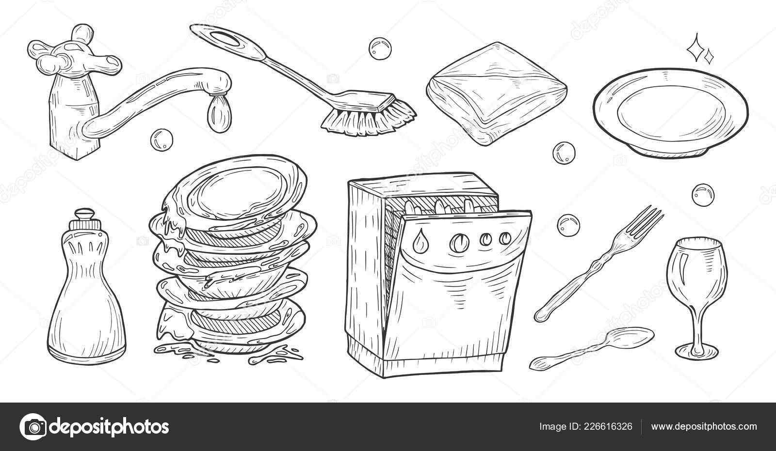 Vector Illustration Dishes Washing Process Objects Set Soap Water ...