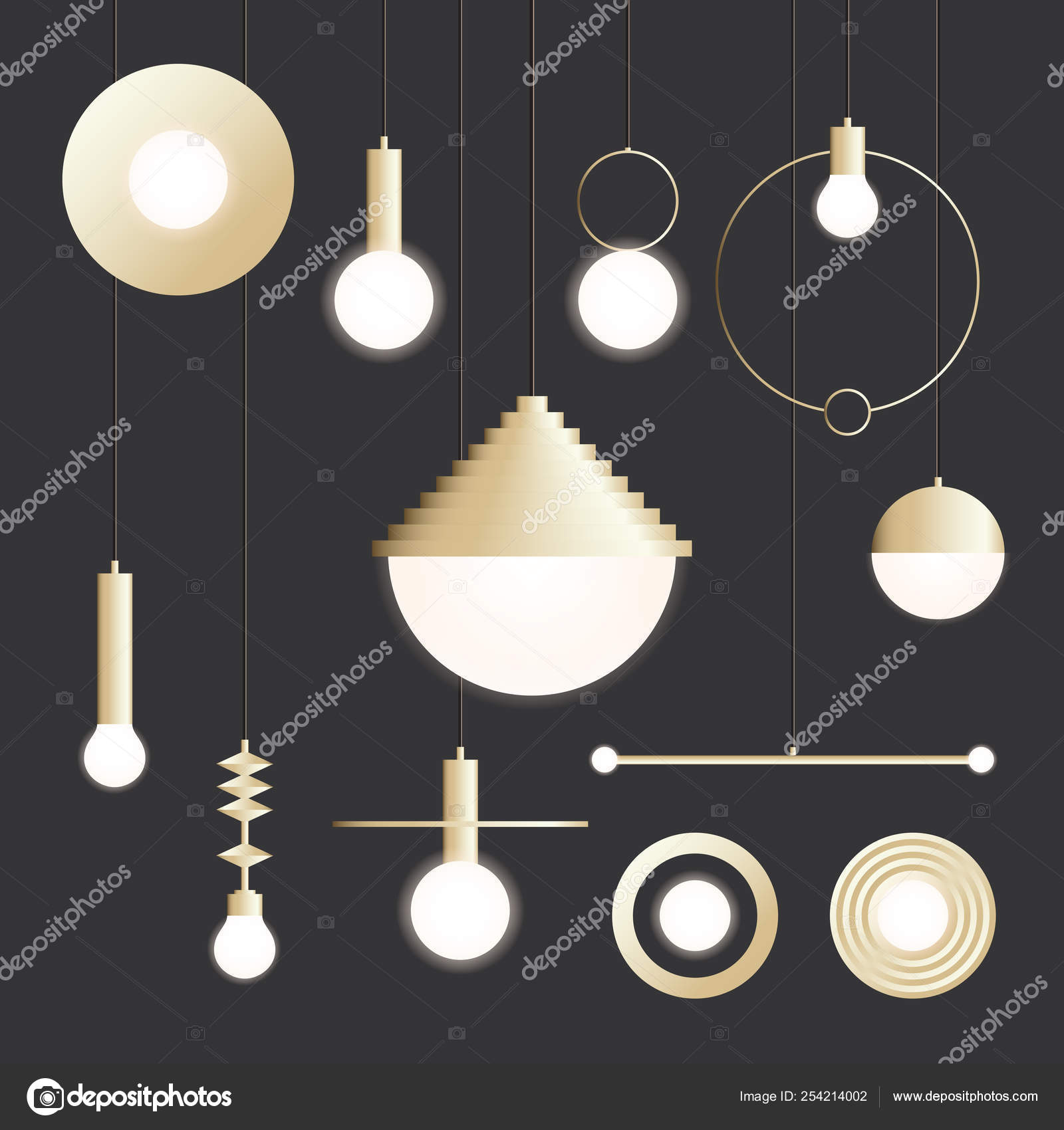 Collection of modern gold hanging lamps and light bulbs ⬇ Vector Image ...