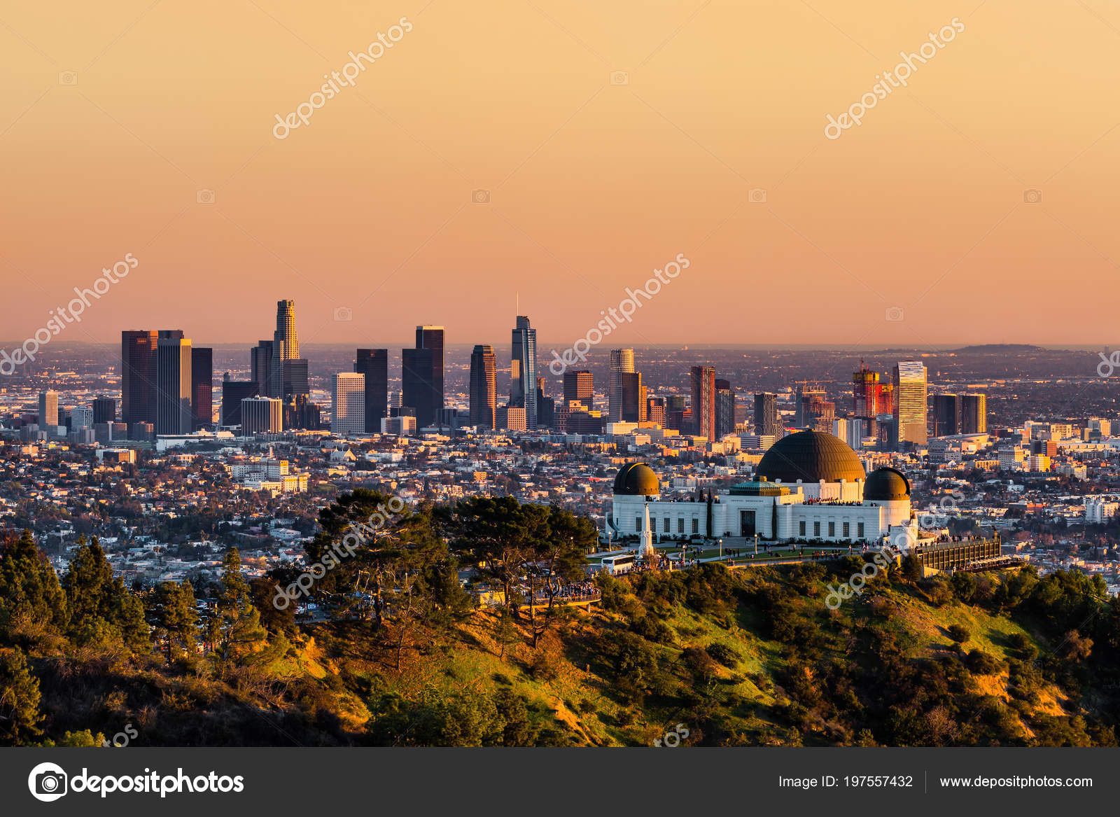 Los Angeles Skyscrapers Griffith Observatory Sunset Stock Photo by ...