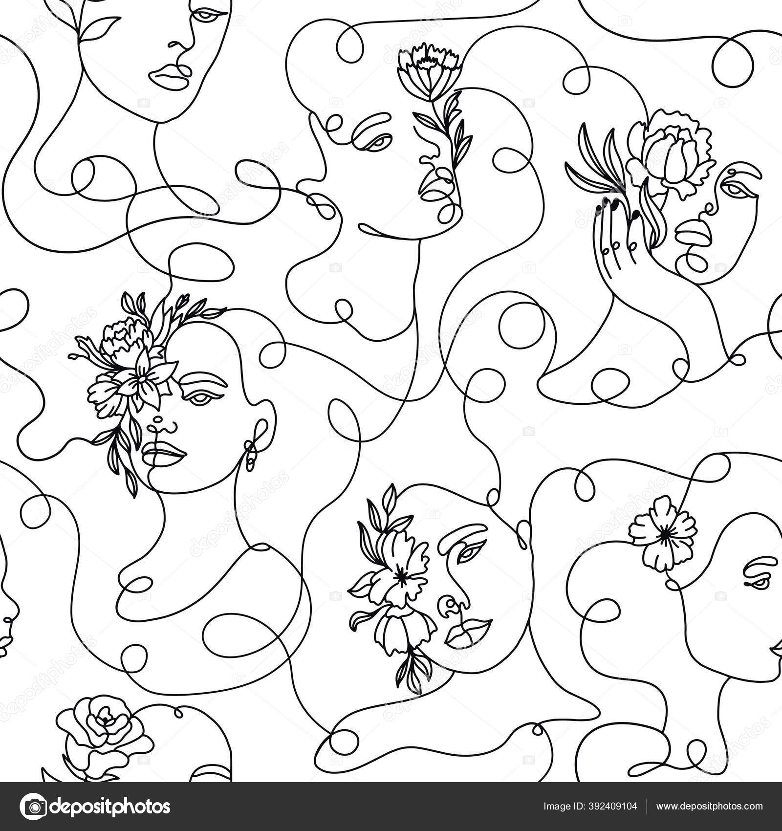 One Line Drawing Abstract Face Seamless Pattern Stock Vector By