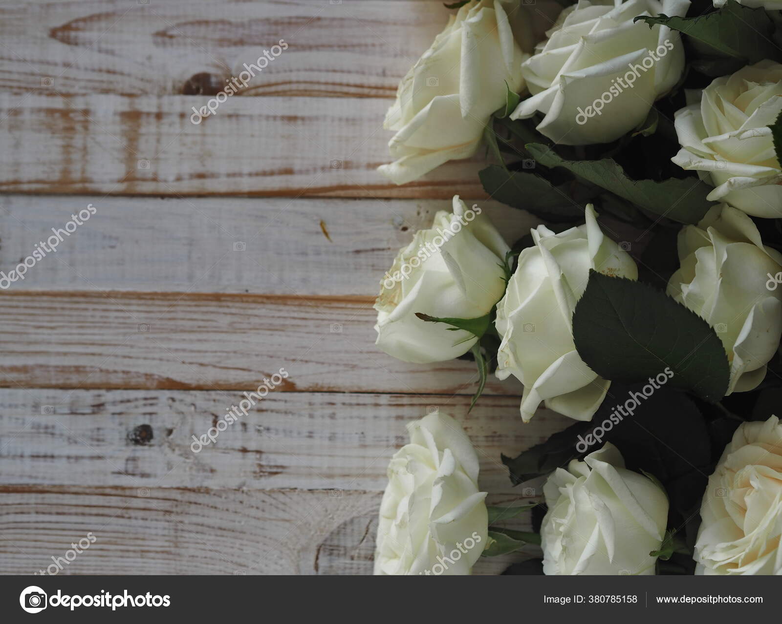 Closeup White Roses Laid Out Side Light Wooden Decorative Background ...