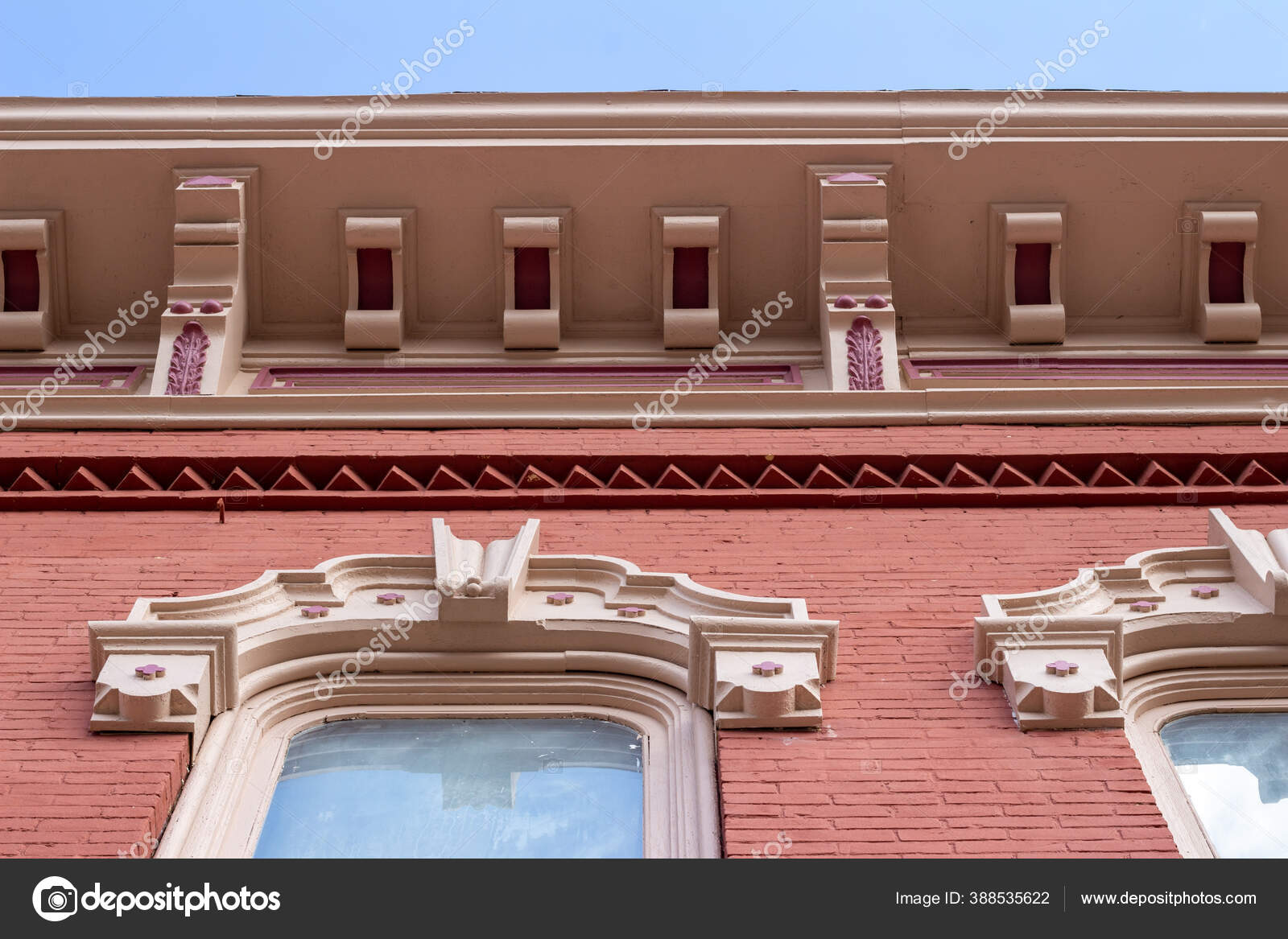Upward View Ornate Cornices Windows Antique Red Brick Wall Building ...